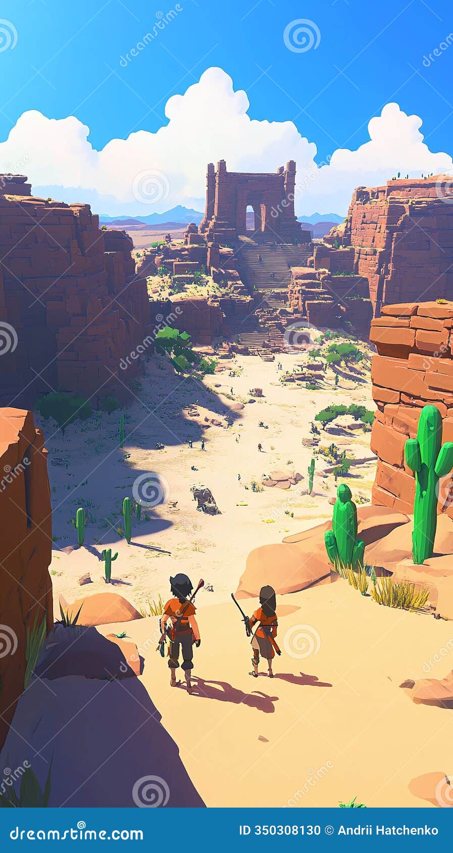 An Anime-style Desert with Characters Exploring Ancient Temples. Stock ...