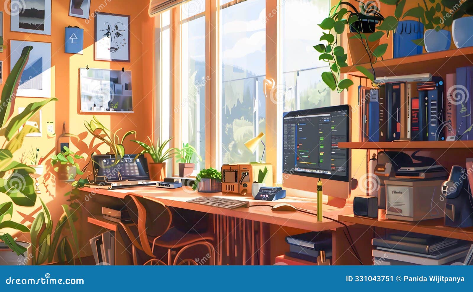 Anime-style Illustration of a Cozy Workspace with a Pot of Plants Stock ...