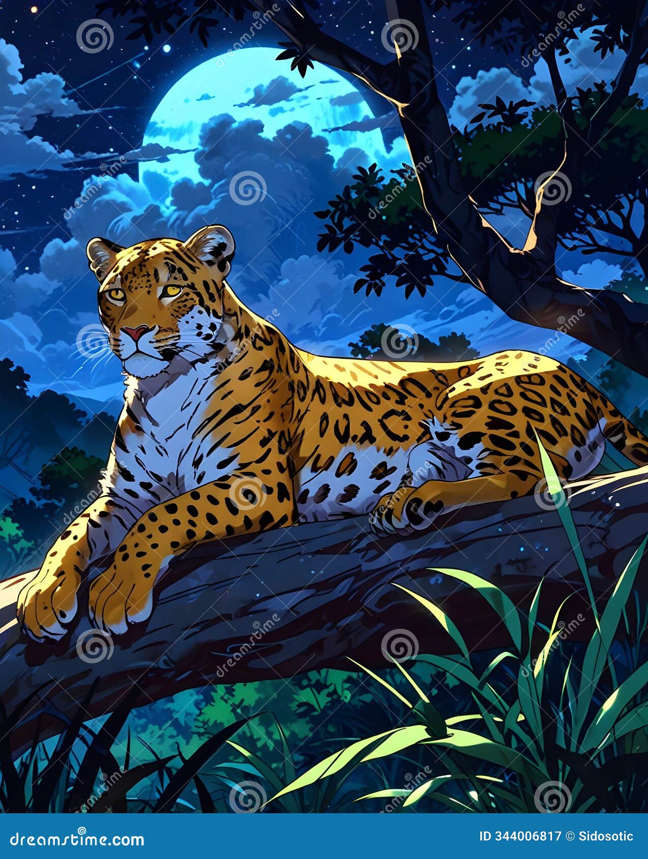 Anime -Style Leopard on the Tree with Moon Behind Stock Illustration ...