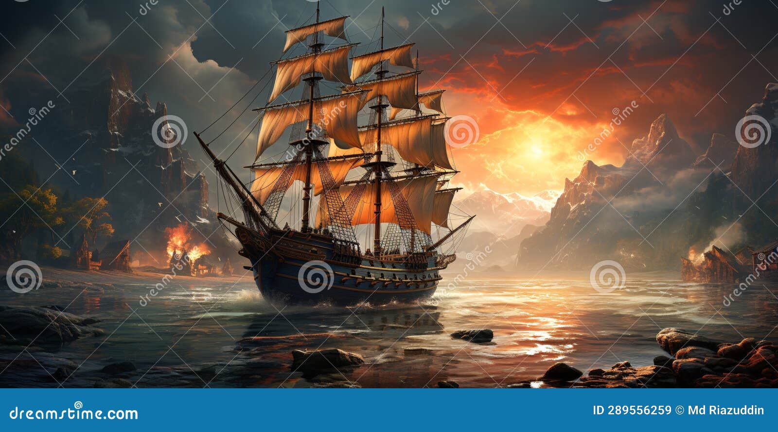 Anime Style Pirate Ship at Evening Time Stock Illustration ...