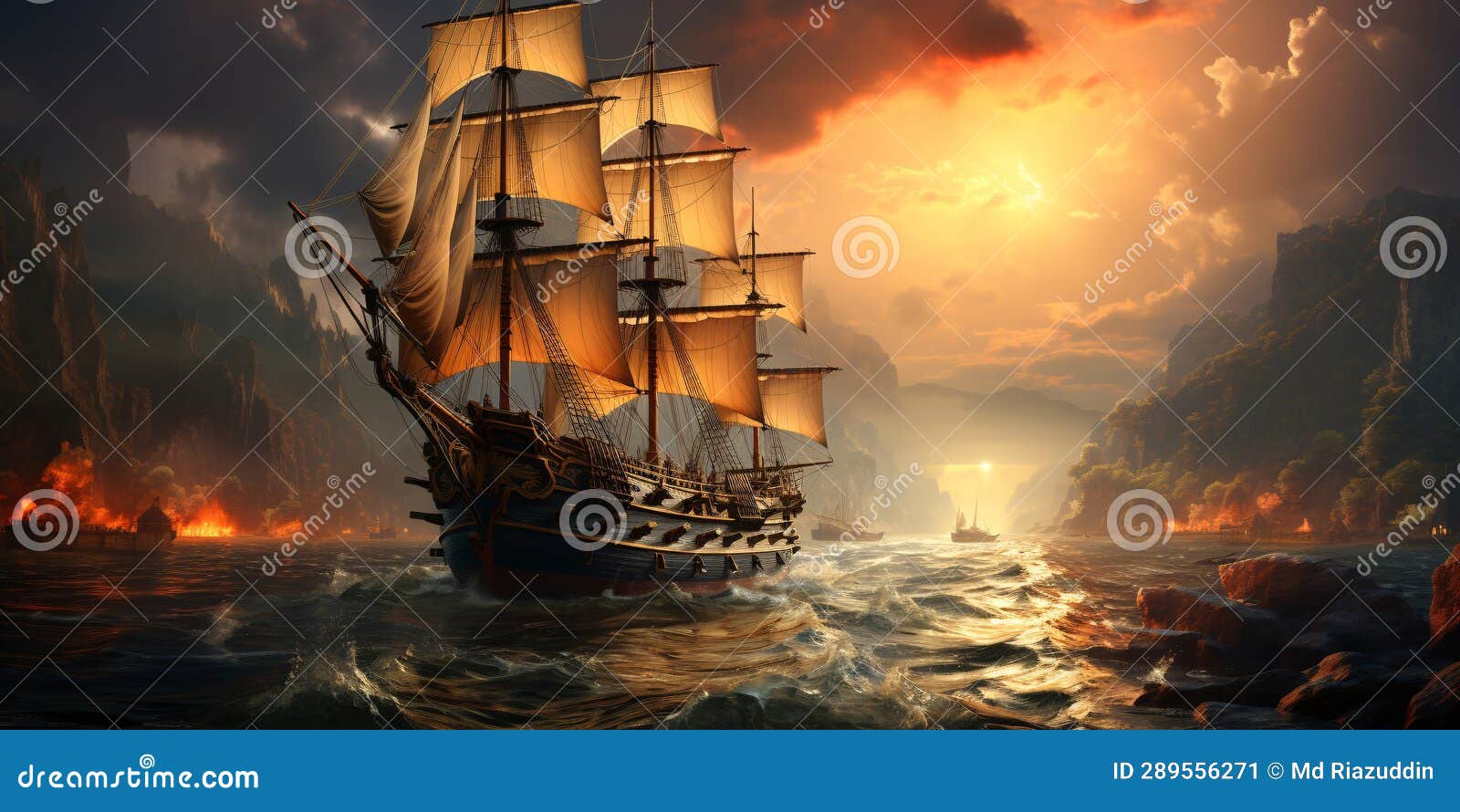 Anime Style Pirate Ship at Evening Time Stock Illustration ...