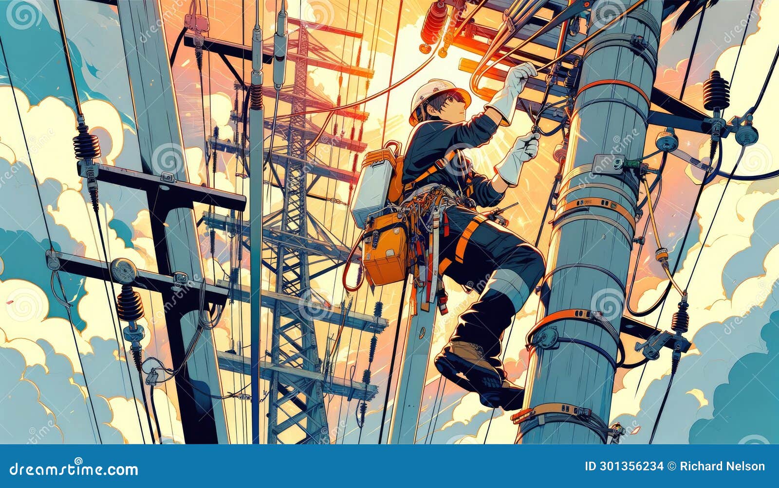 Anime-style Power Lineman at Work Stock Illustration - Illustration of ...