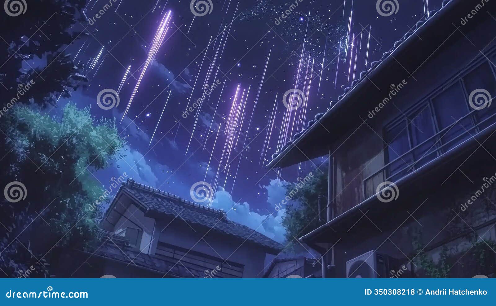 An Anime-style Rooftop Scene during a Meteor Shower. Stock Illustration ...