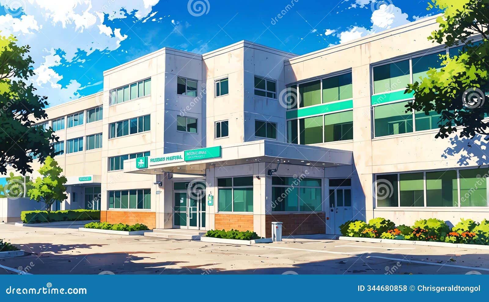 Hospital Front View Exterior Isolated On Background With Ambulance ...