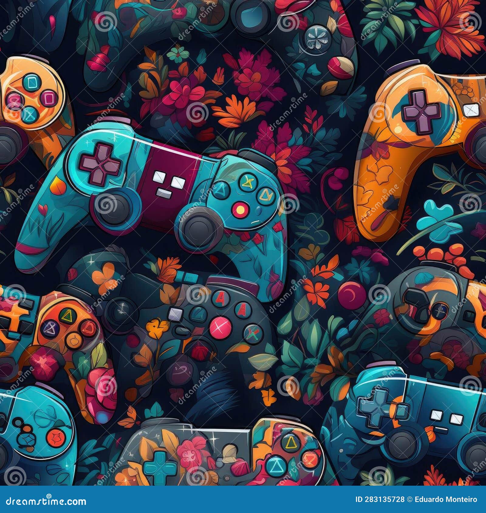 Anime-style Seamless Pattern of Game Controllers and Flowers (tiled ...