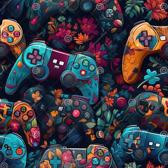 Anime-style Seamless Pattern of Game Controllers and Flowers (tiled ...