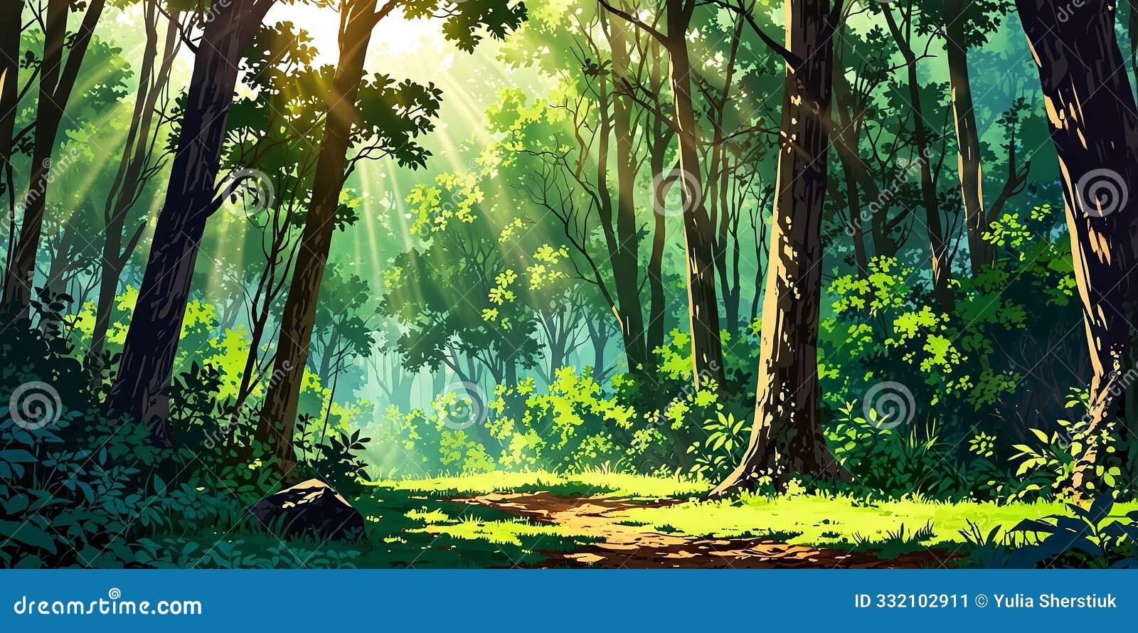Anime Style Sun Rays Filter through the Lush Green Forest, Casting ...