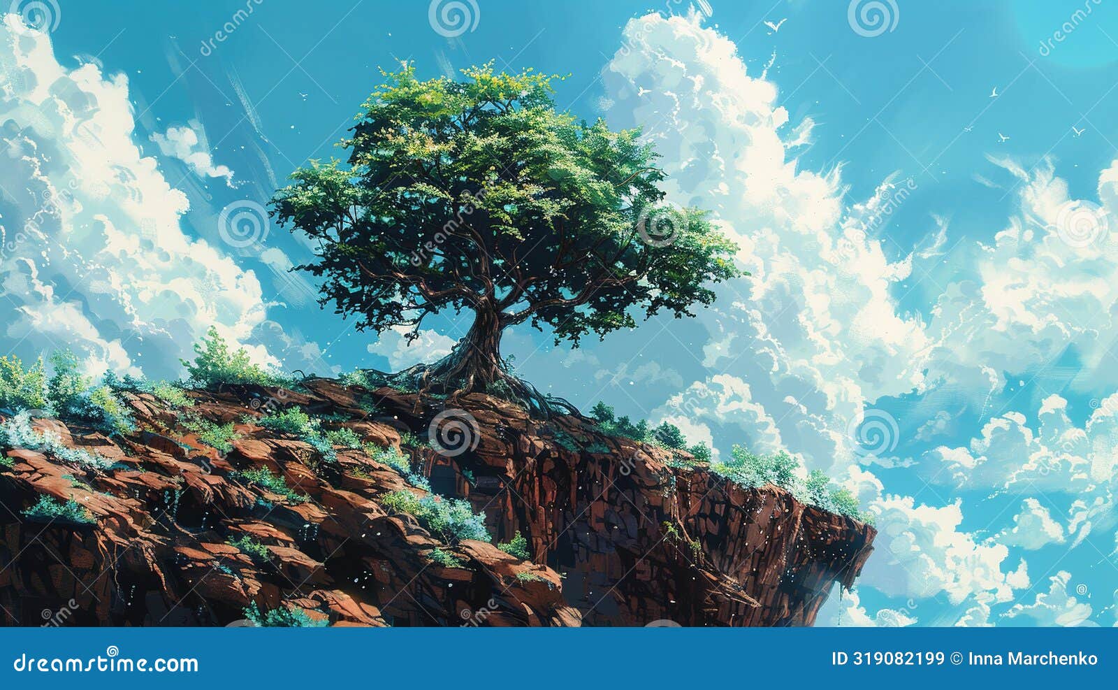 An Anime-style Tree Stands Atop a Rocky Outcrop Stock Illustration ...