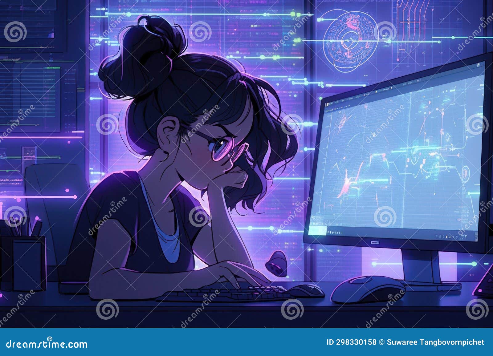 Anime Style of Young Woman Working with Computer Stock Photo - Image of ...