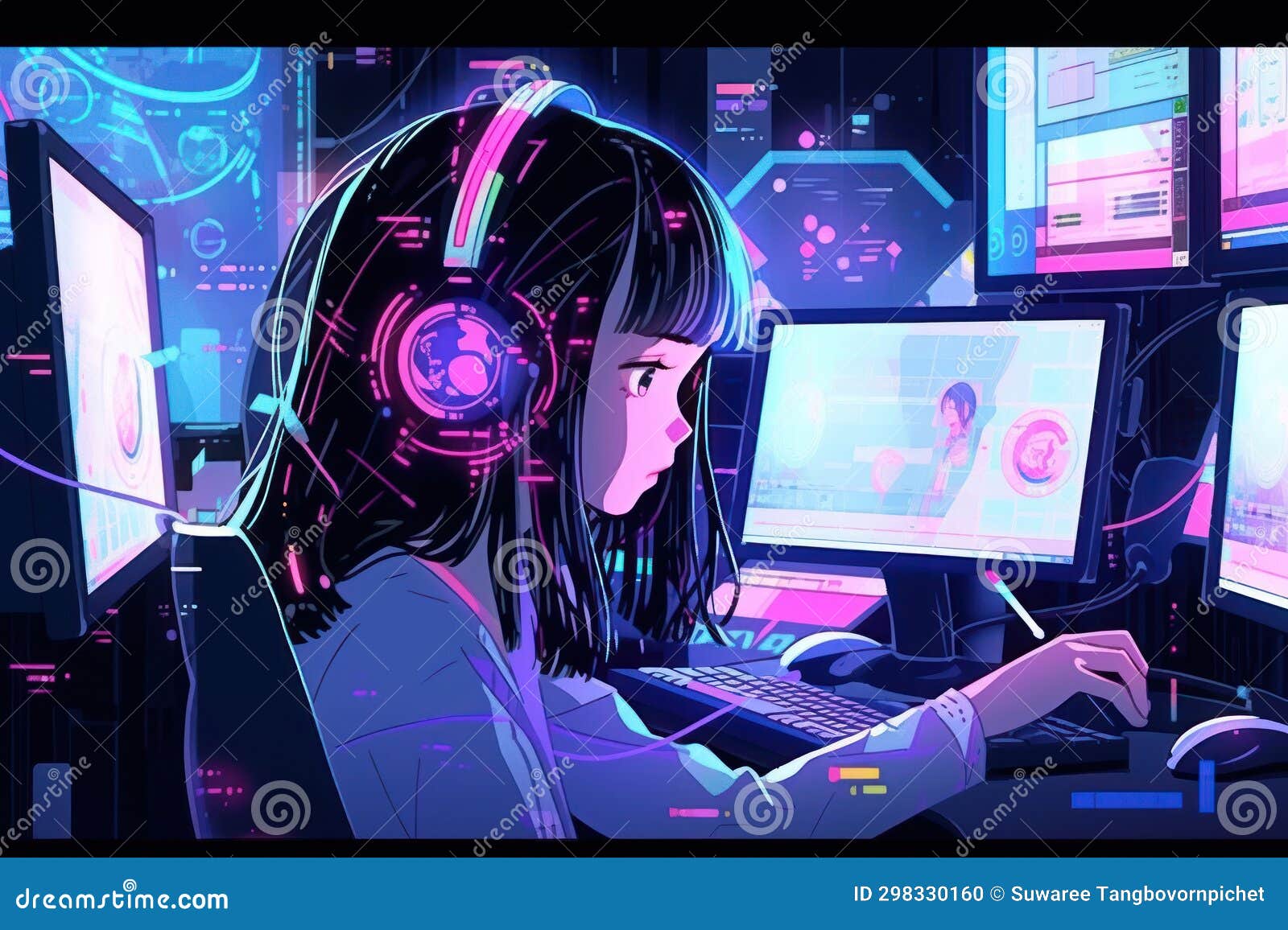 Anime Style of Young Woman Working with Computer Stock Photo - Image of ...