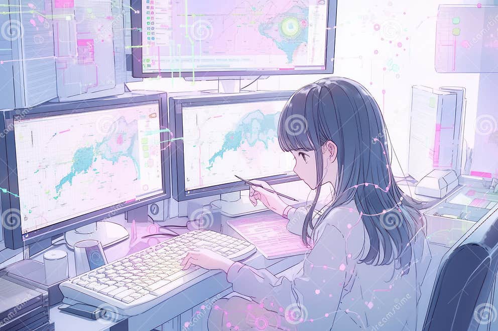 Anime Style of Young Woman Working with Computer Stock Photo - Image of ...