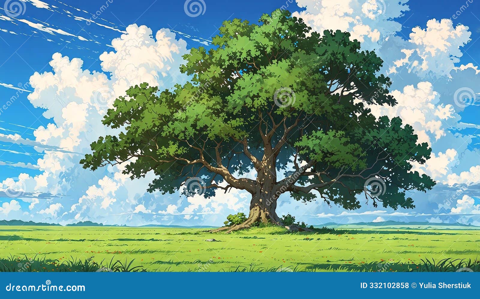Anime Tree in the Middle of the Field with Clouds. Anime Style Stock ...