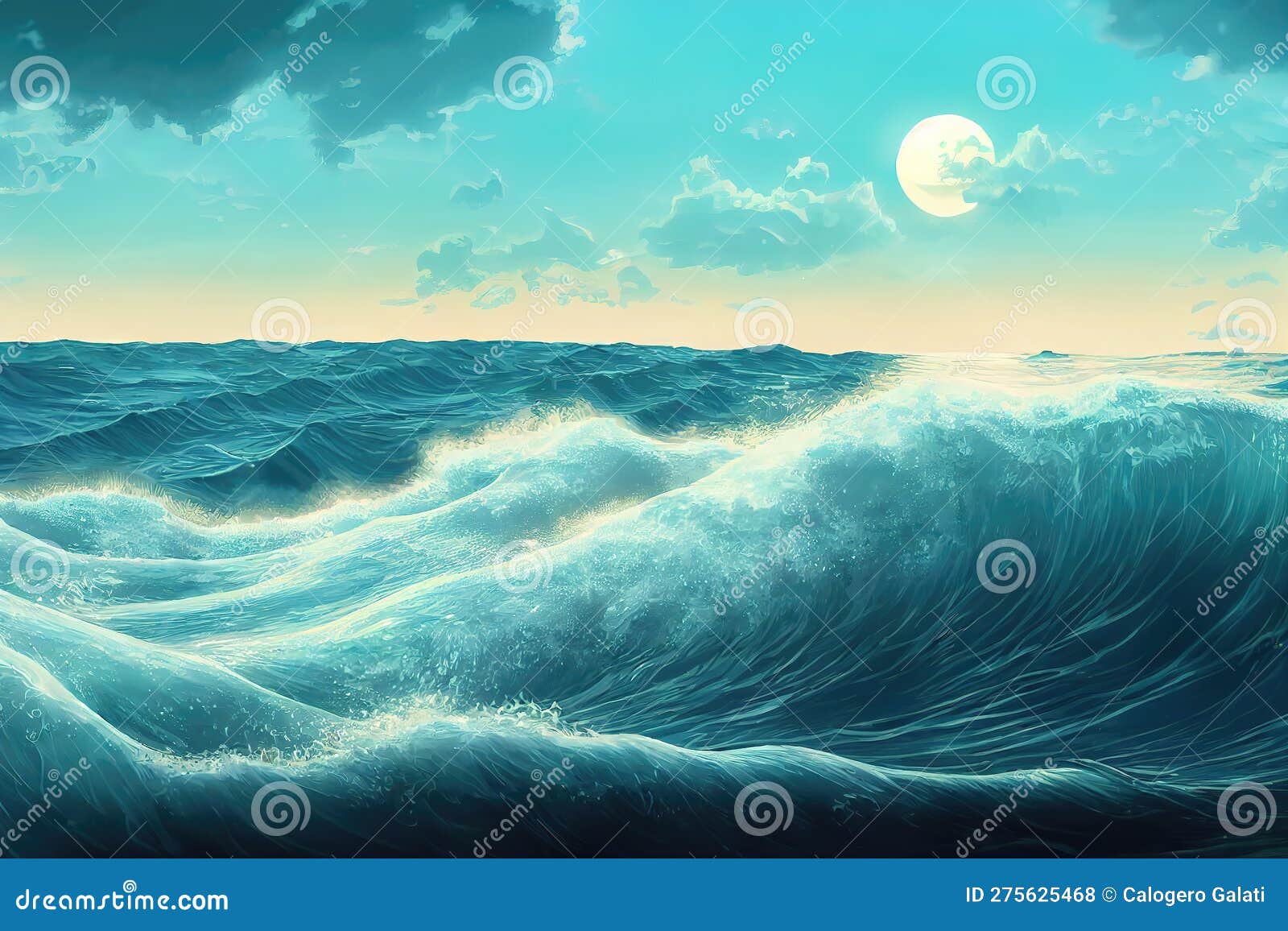 Anime Waves on the Ocean, Moon in the Sky, Ai Generated Image Stock ...