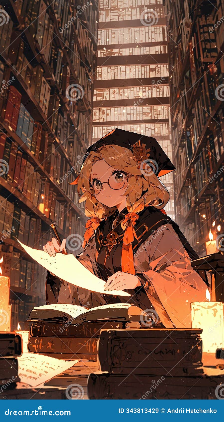 Anime Wise Owl Scholar Studies Ancient Scrolls in Massive Library ...
