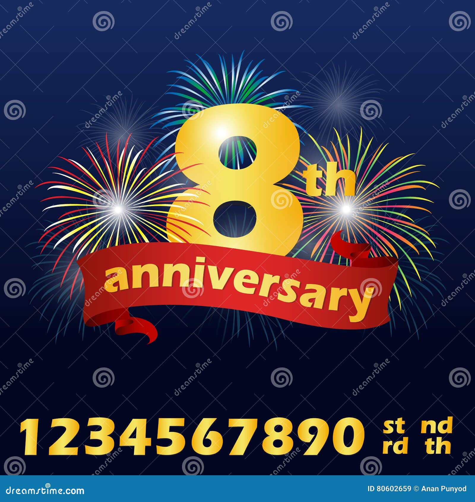 Anniversary Banner Ribbon and Number Text and Firework Vector Design ...