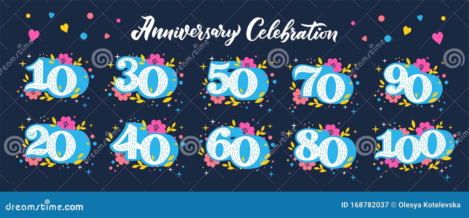 Anniversary Celebration Numbers Flat Vector Illustrations Set. Stock ...