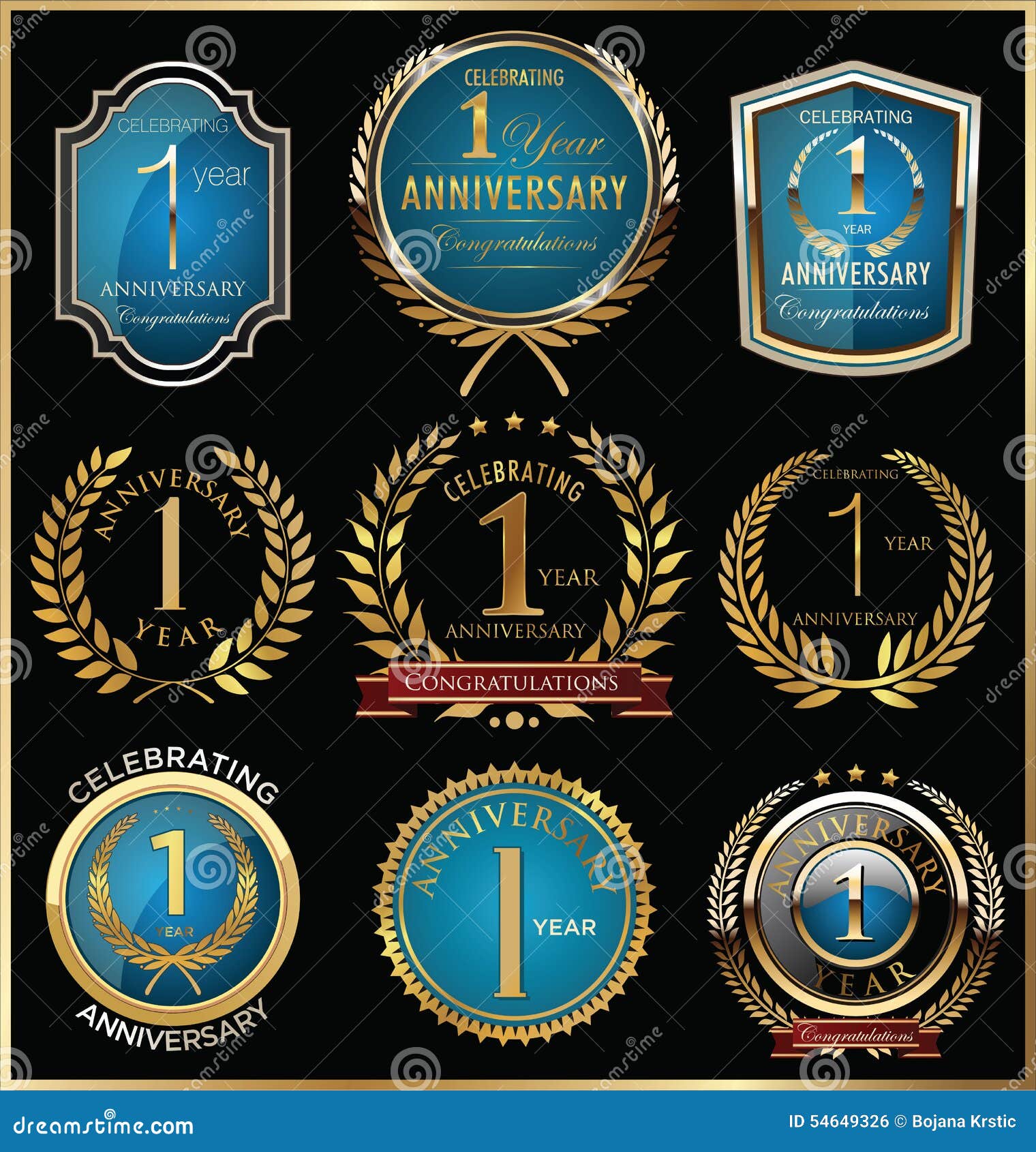 Anniversary Gold and Blue Labels Collection, 1 Year Stock Illustration ...