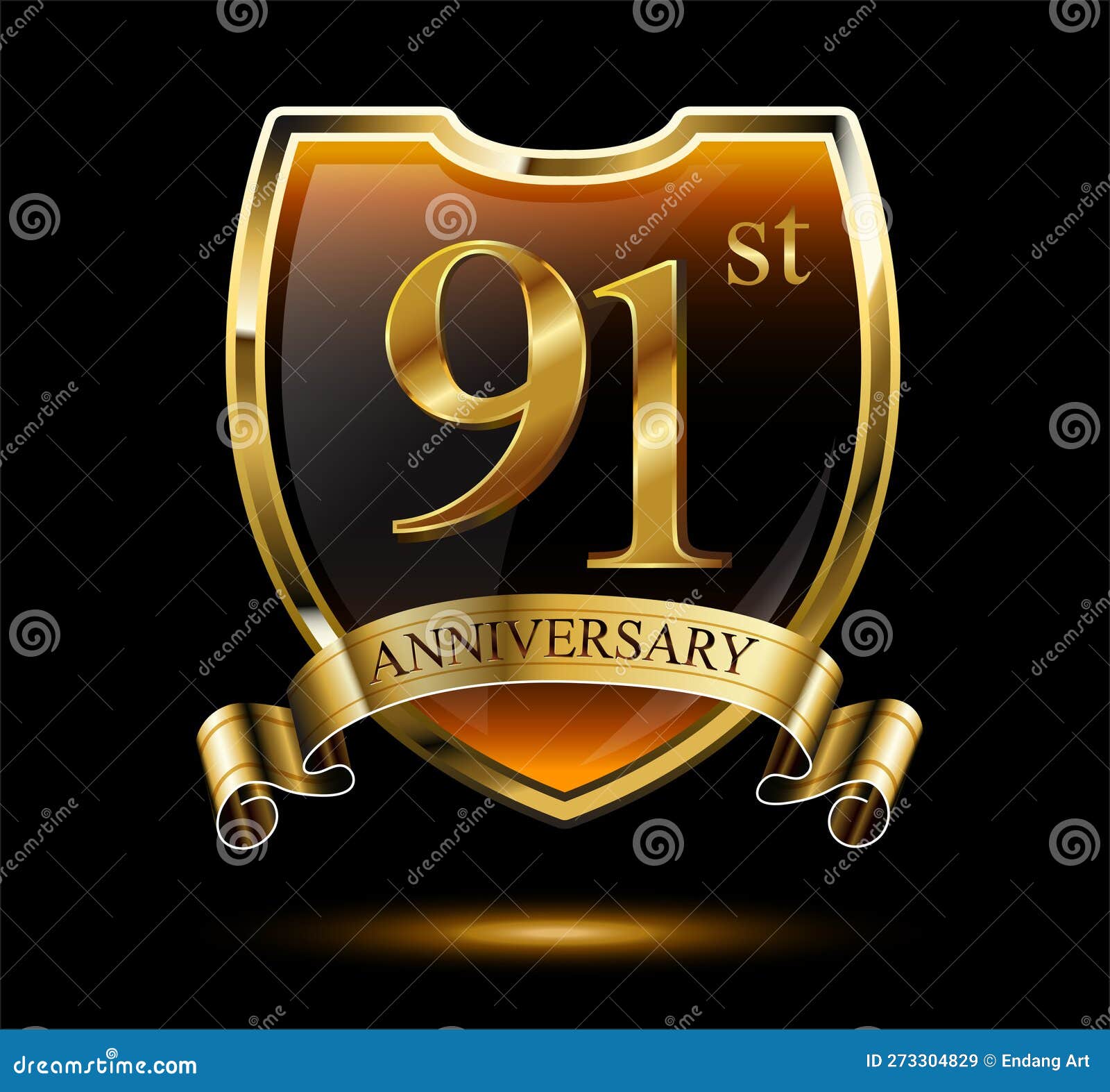 Anniversary 91. Gold 3d Numbers and Shield Stock Vector - Illustration ...