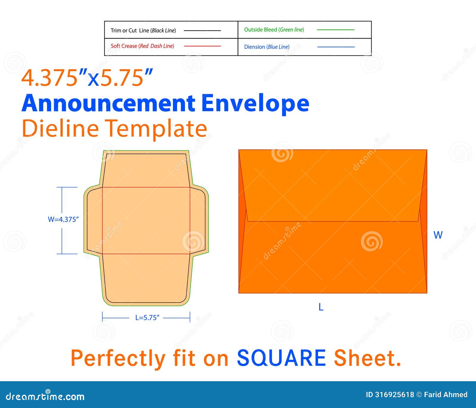 A-2 Announcement Envelope Dieline Template with 3D Design Stock Vector ...