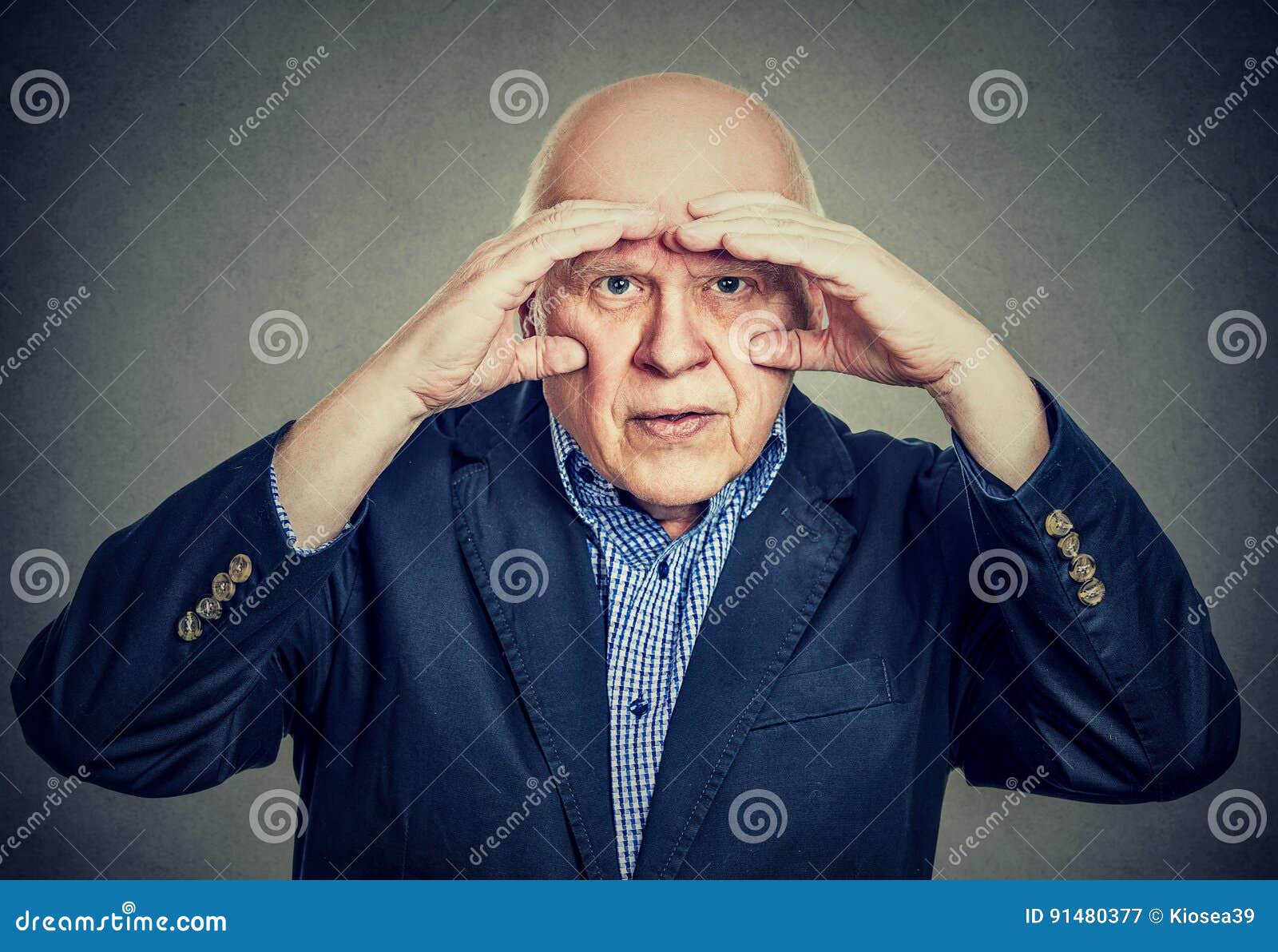 Annoyed Elderly Man Looking through Hands Like Binoculars Has Vision ...