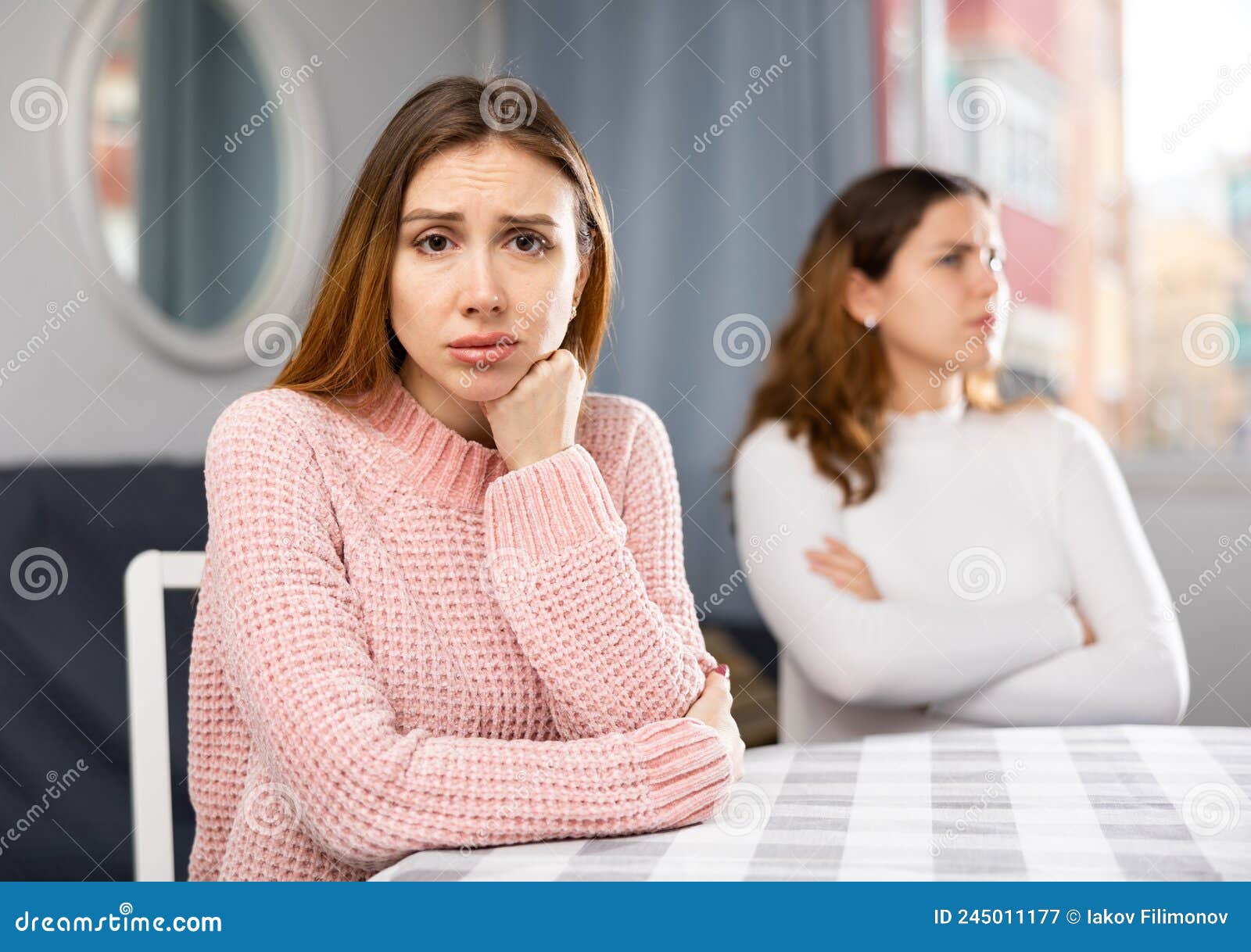 Annoyed Stressed Female Couple Sitting At Home Stock Image Image Of