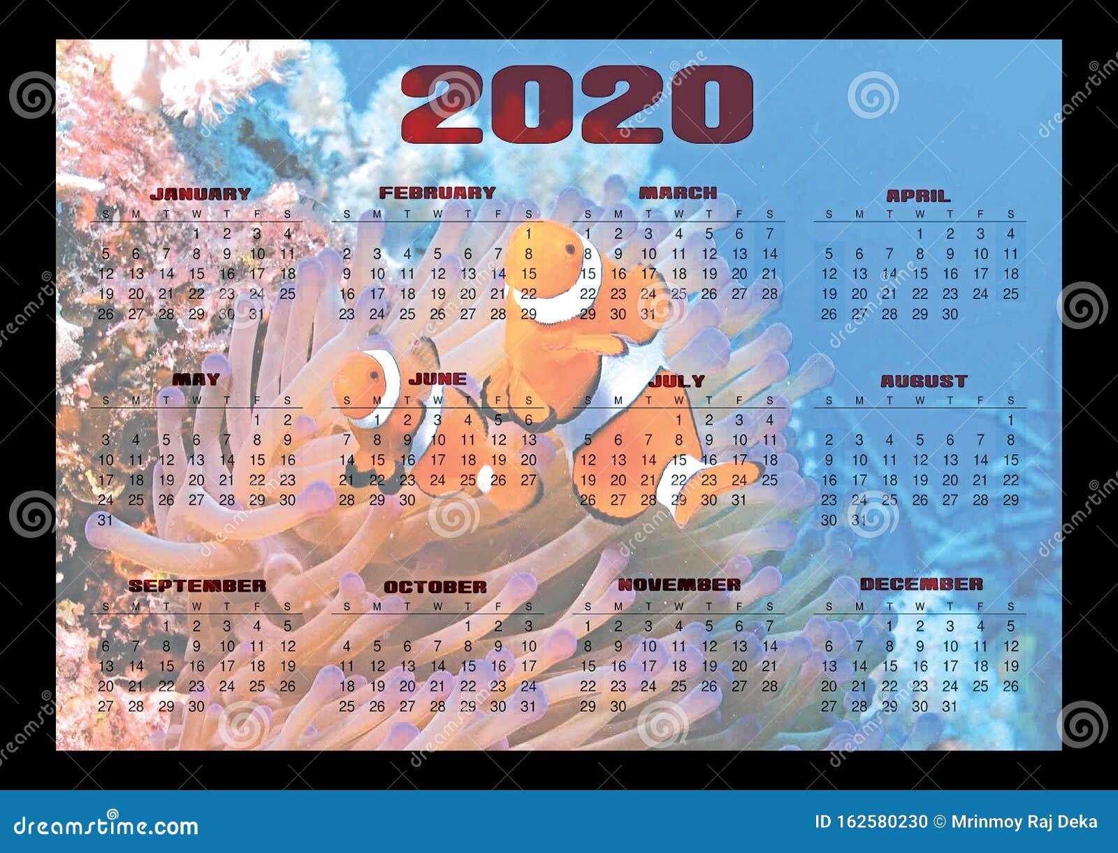 A 2020 Annual Calendar with Fish Background Stock Illustration ...