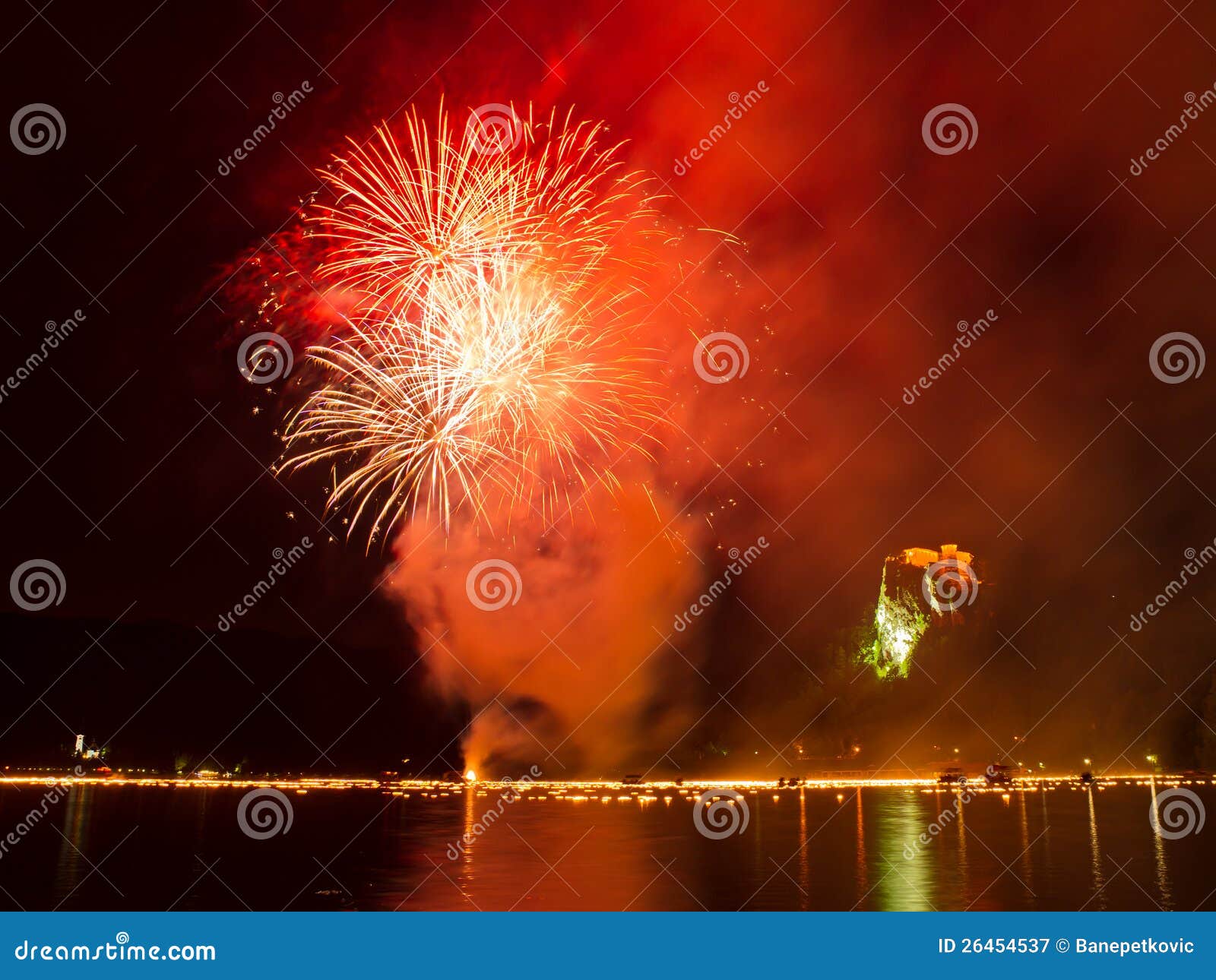 Annual Midnight Fireworks at Lake Bled, Red Color Stock Image - Image ...
