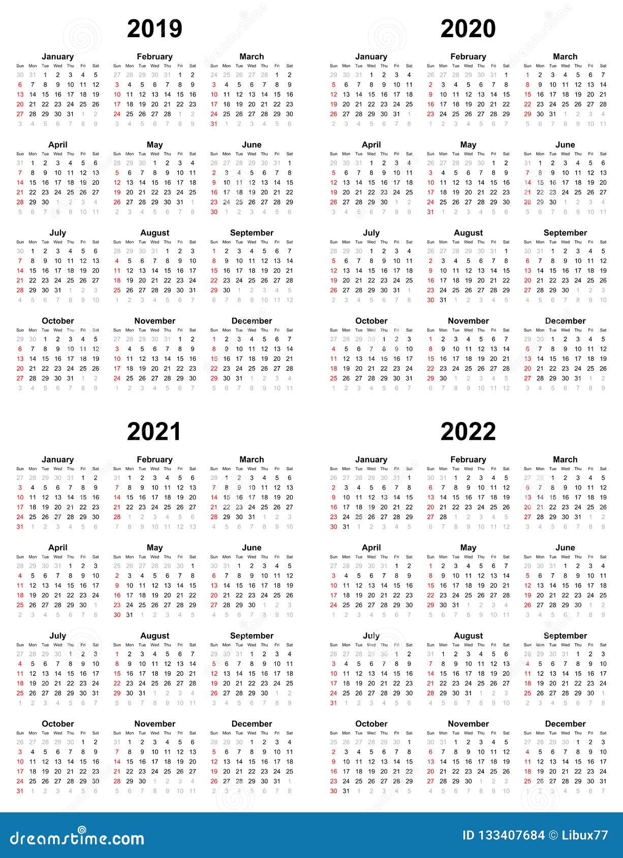 Annual Plain Calendar Sunday First Day 2022 2021 2020 2019 Stock Vector ...