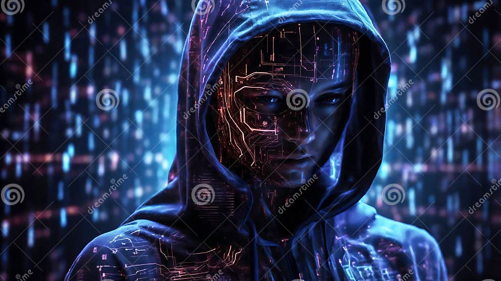 Anonymous Binary Code Hacker Under the Jacket Hood with Generative Ai Technology. Cybersecurity ...