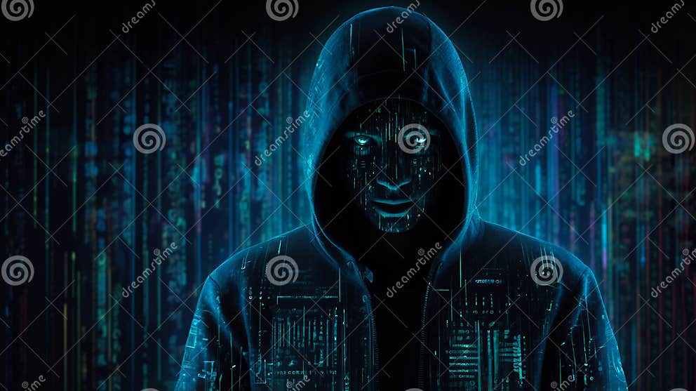 Anonymous Binary Code Hacker Under the Jacket Hood with Generative Ai Technology. Cybersecurity ...