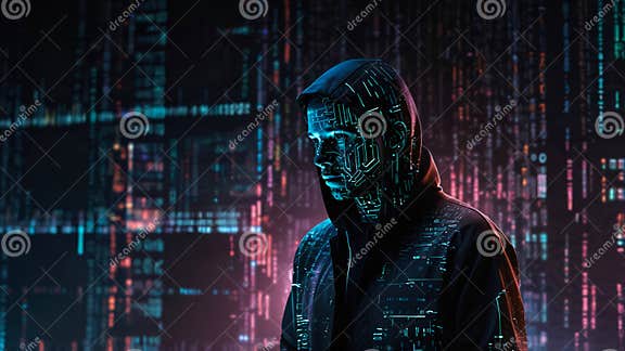 Anonymous Binary Code Hacker Under the Jacket Hood with Generative Ai Technology. Cybersecurity ...