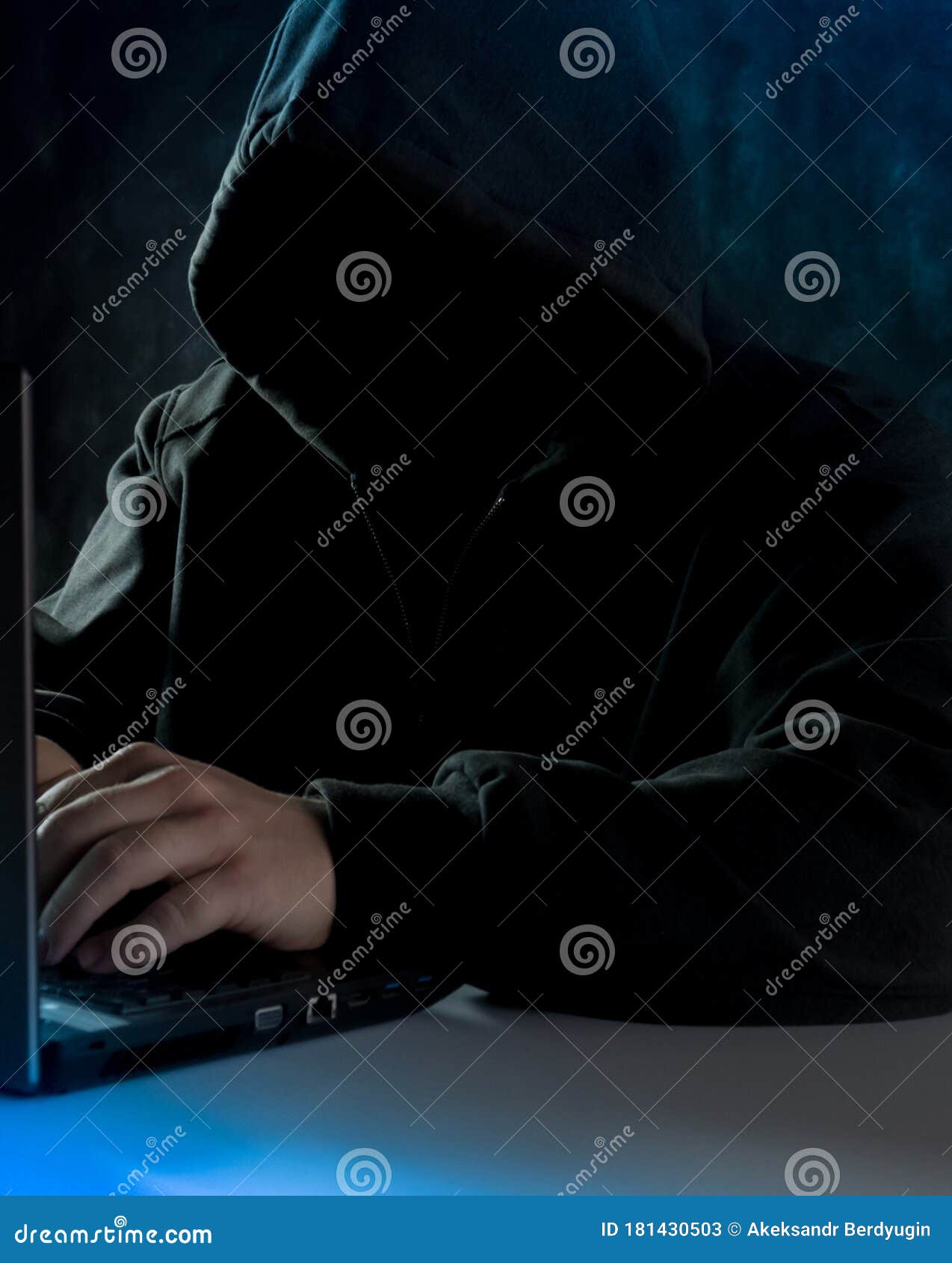 Anonymous Computer Hacker in Hoodie. Using Laptop Computer for Cyber ...