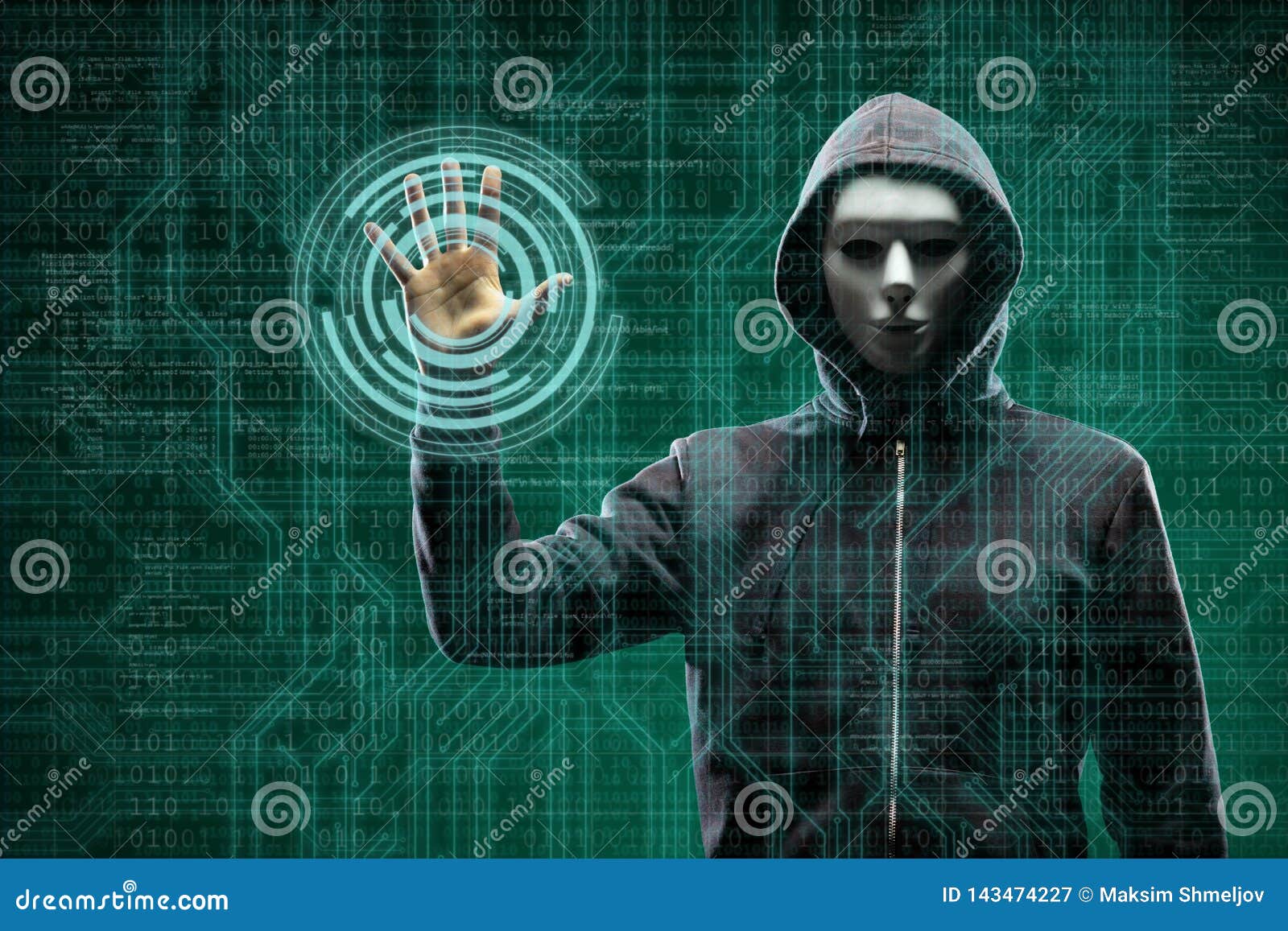 Anonymous Computer Hacker Over Abstract Digital Background. Obscured ...