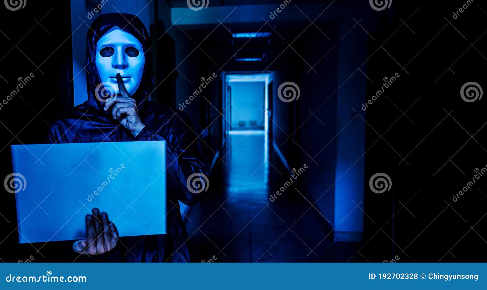 Anonymous Computer Hacker in White Mask and Hoodie. Obscured Dark Face ...