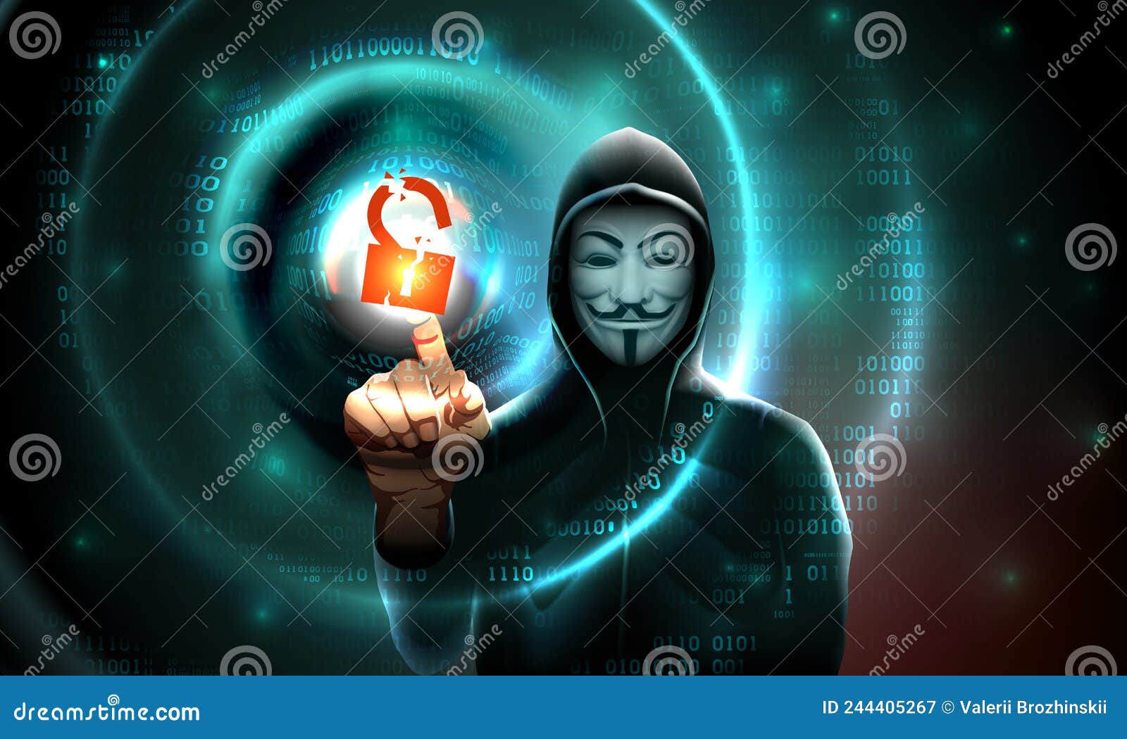 Anonymous Computer Hooded Hacker on Blue Background with Binary Code. Hacked Lock. Anonymous ...