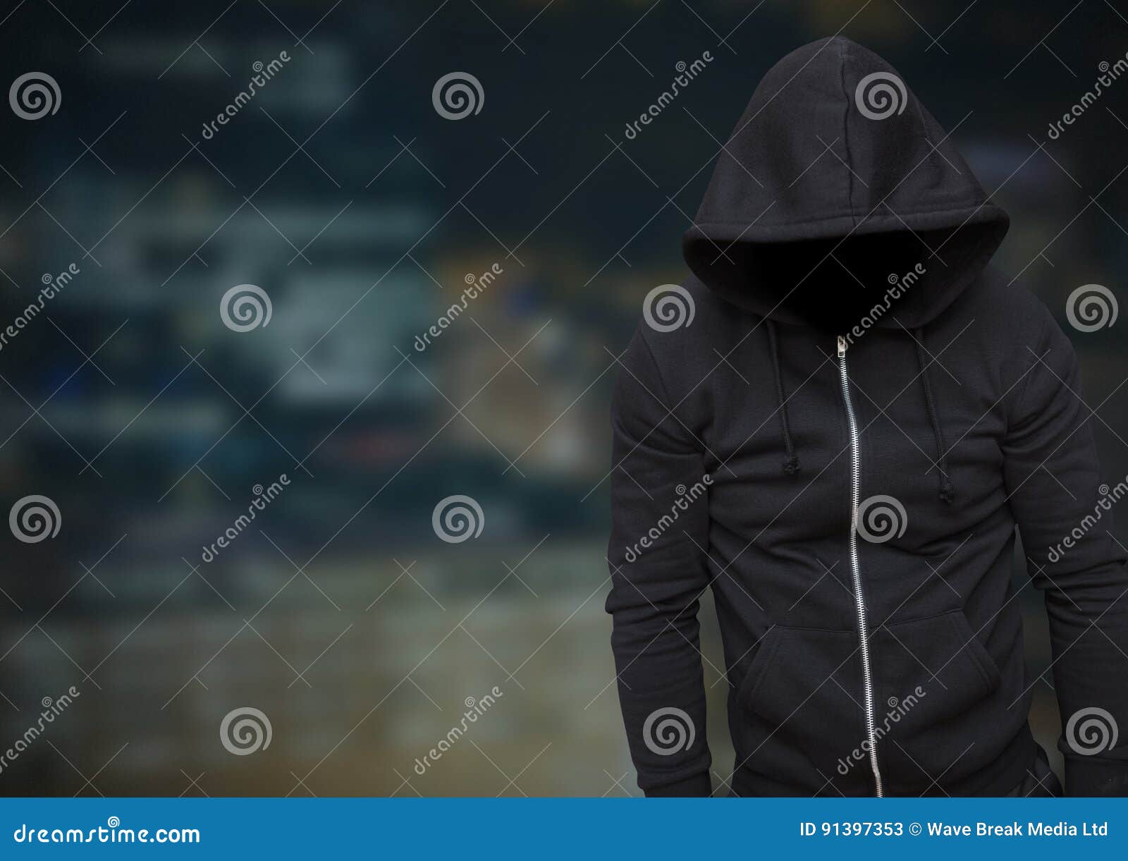 Anonymous Criminal Man in Hood in Front of Night City Stock ...