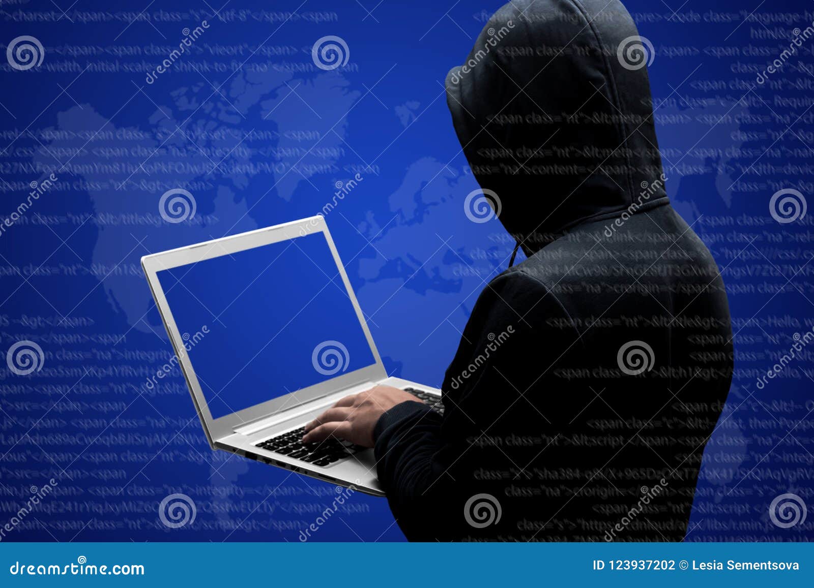 Anonymous Faceless Hacker in Black Clothing Stands Back, Works on Code ...