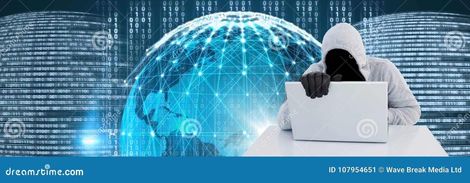Anonymous Hacker with Computer Code Binary Interface and World Globe ...