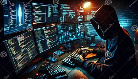 Anonymous Hacker in Dark Room with Multiple Monitors Displaying Code and Cybersecurity Data ...