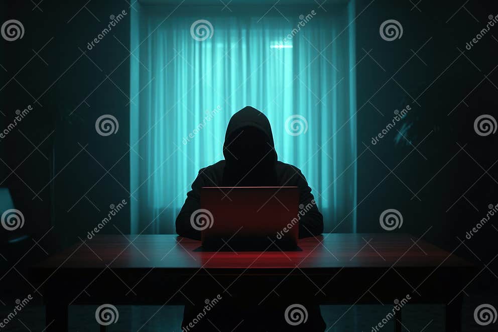 Anonymous Hacker in a Dark Room Working on a Laptop Illuminated by Soft ...