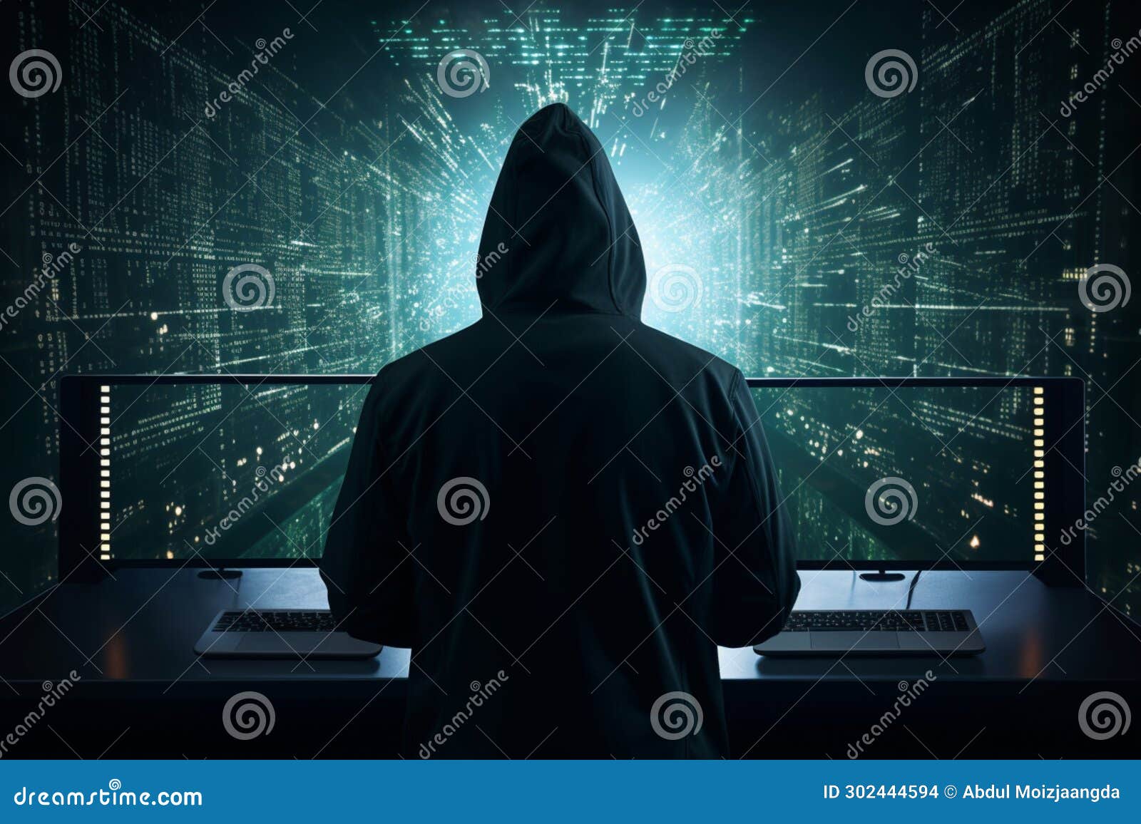 Anonymous Hacker with a Hood, Full Rear View, Coding Stock Illustration ...