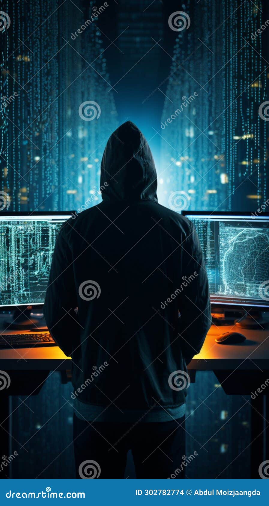 Anonymous Hacker with a Hood, Full Rear View, Coding Stock Illustration ...