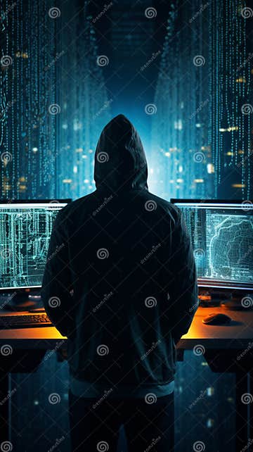 Anonymous Hacker with a Hood, Full Rear View, Coding Stock Illustration ...
