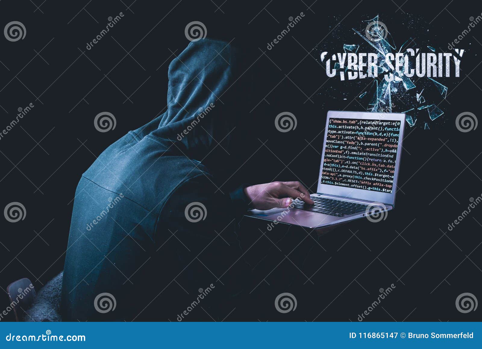 Anonymous Hacker With Laptop In Front Of Binary Code Cyber Security Stock Image Image Of