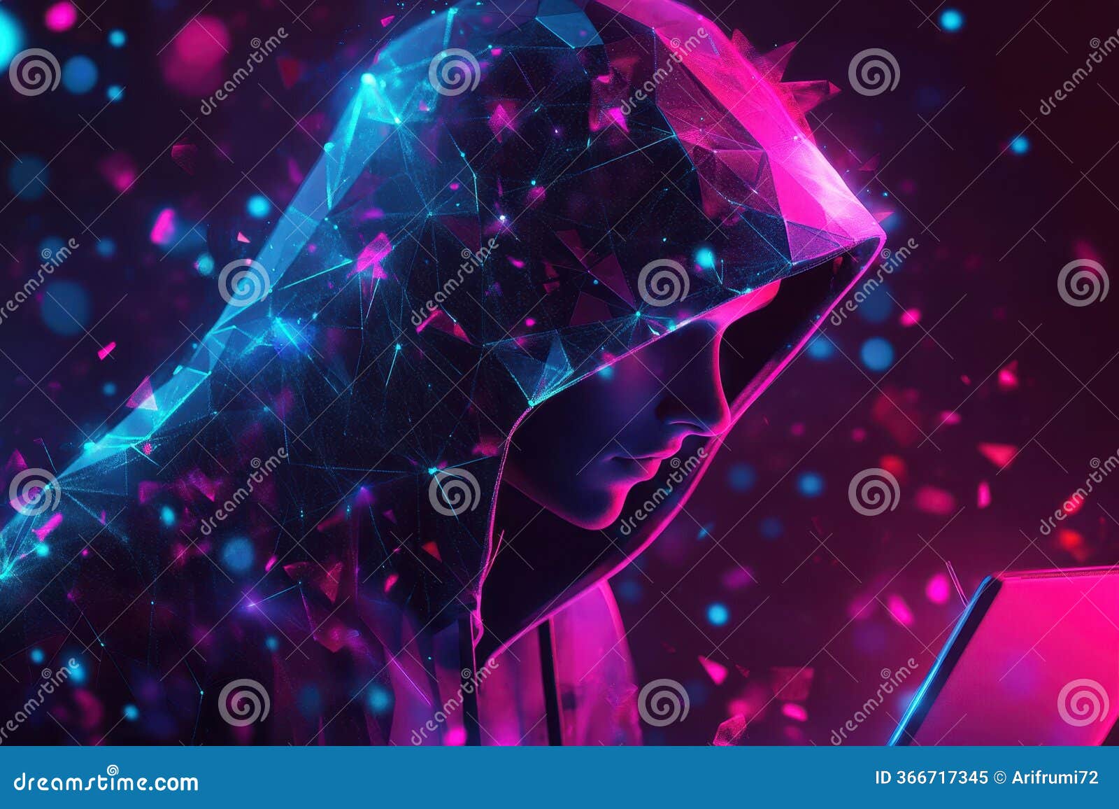 A Hacker In A Cyberpunk Suit In A Futuristic Room With Neon Lights And ...