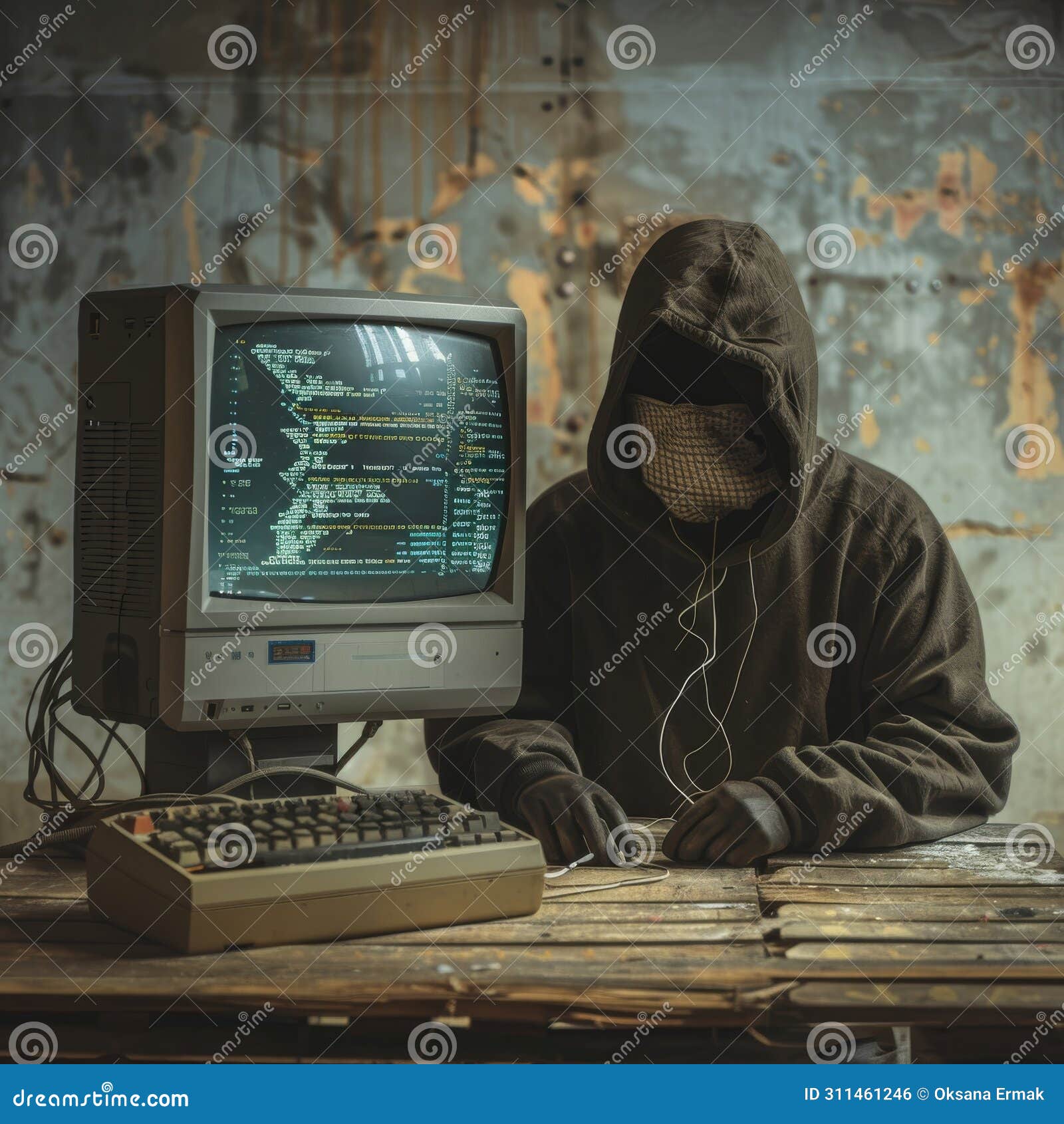 Anonymous Hacker Next To Vintage Computer Stock Illustration ...