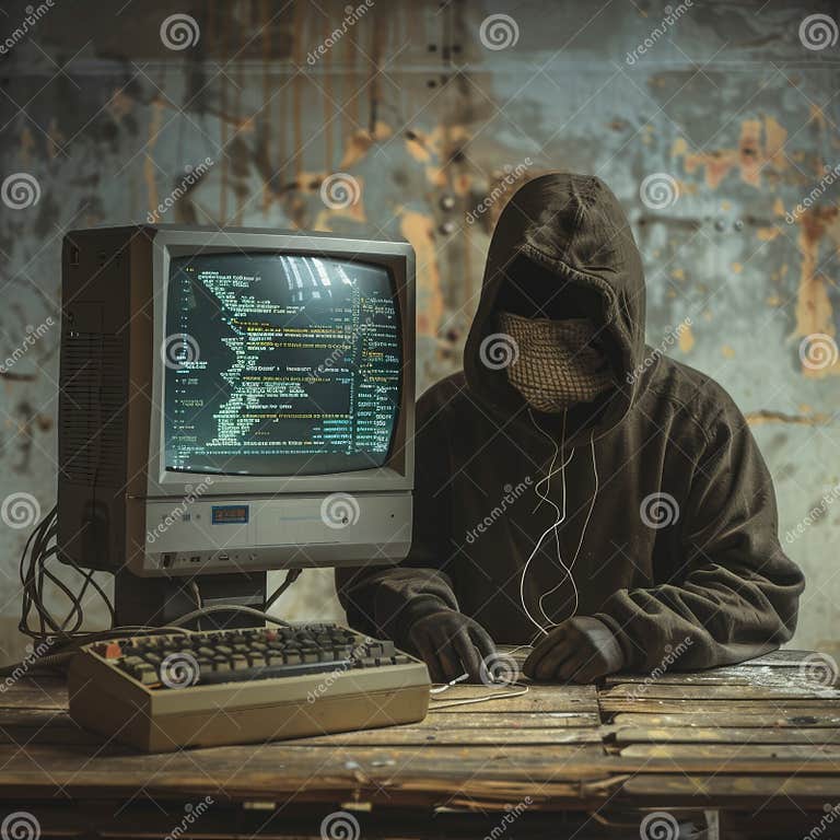 Anonymous Hacker Next To Vintage Computer Stock Illustration ...