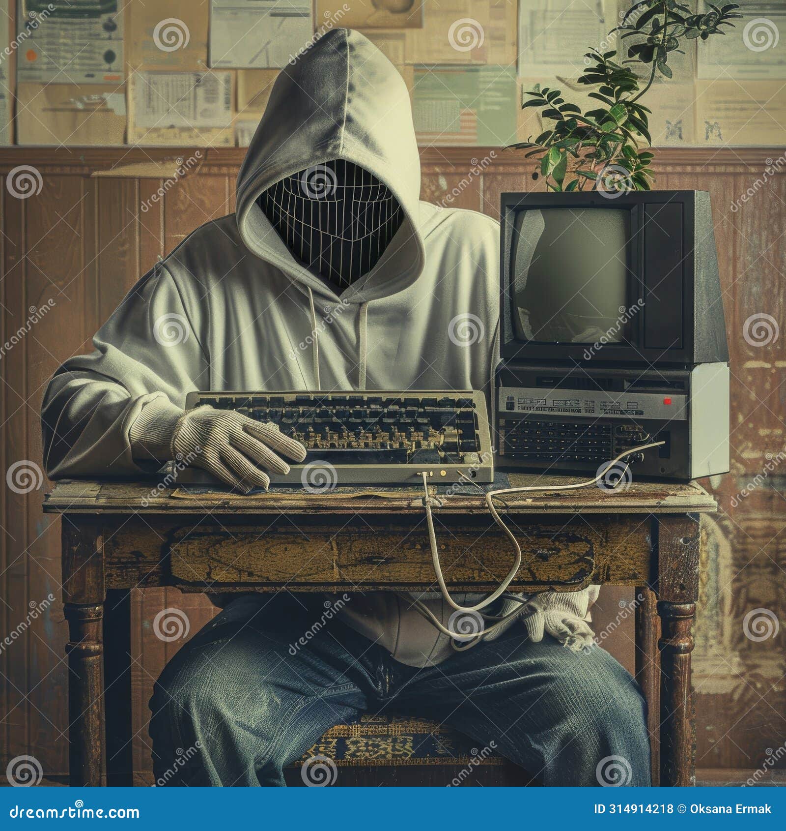 Anonymous Hacker Next To Vintage Computer Stock Illustration ...