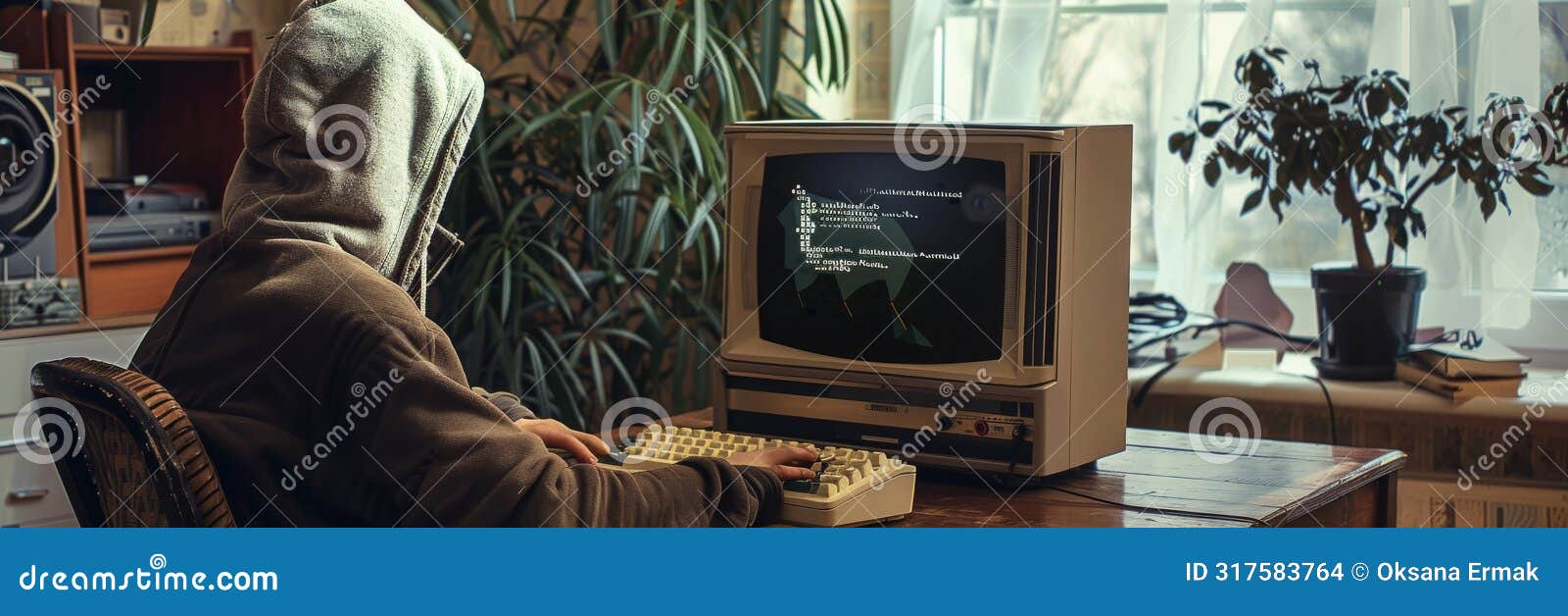 Anonymous Hacker Next To Vintage Computer Stock Illustration ...