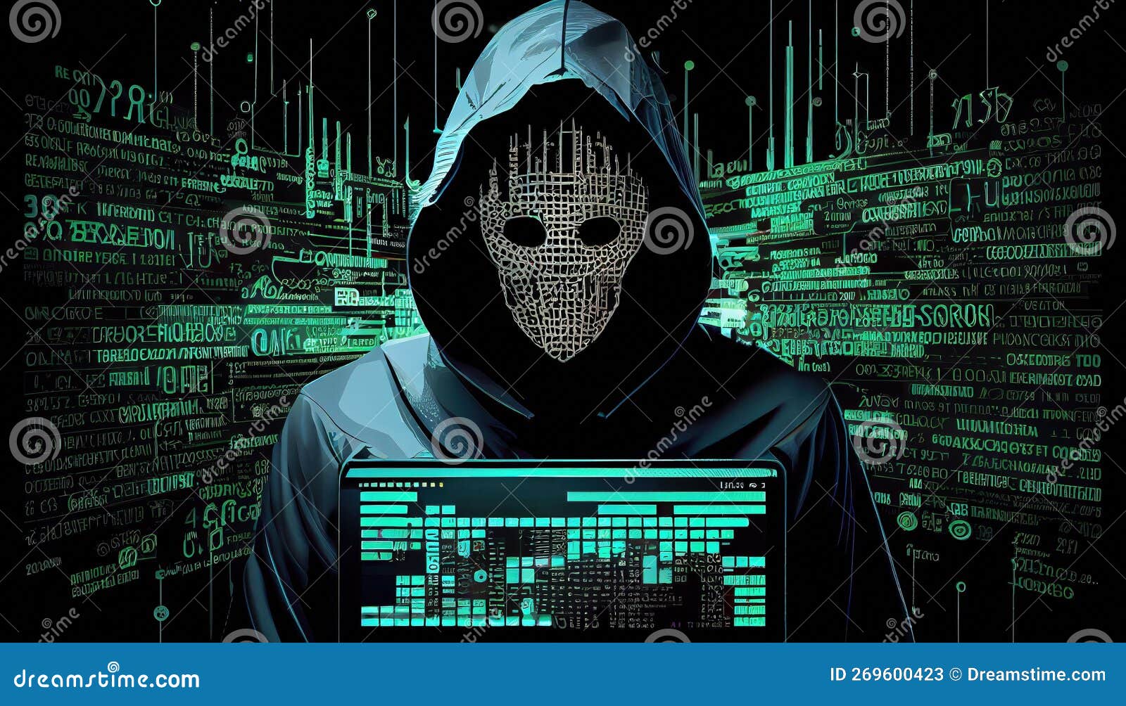 Anonymous Hacker With Skull Face With Digital Computer Screen And Data Stock Illustration